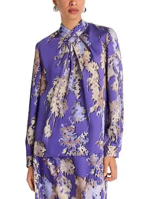 Misook Floral Crepe De Chine Blouse - Concord Purple/multi