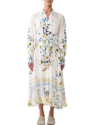Camilla Linen Tie Waist Mixed Print Shirtdress - Botanical Ballads