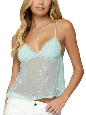EDIKTED Sequin Sheer Mesh Babydoll Top - Turquoise