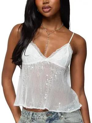 EDIKTED Sequin Sheer Mesh Babydoll Top - White