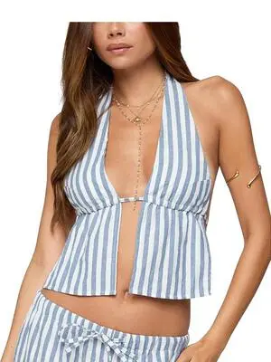 EDIKTED Striped Split Front Backless Top - Blue And White
