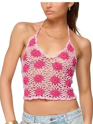 EDIKTED Floral Crochet Halter Top - Pink