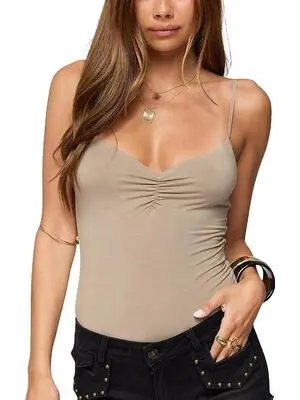 EDIKTED Gathered V Neck Bodysuit - Tan