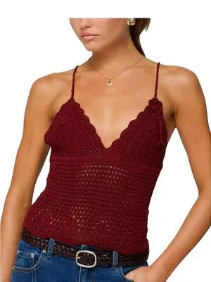 EDIKTED Delila Crochet V Neck Top - Burgundy