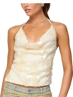 EDIKTED Sequin Cowl Neck Top - Cream