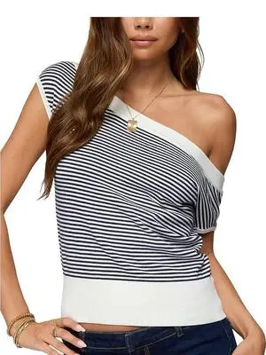 EDIKTED Lottey Striped Off Shoulder Knit Top - Cream And Navy