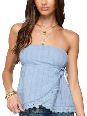 EDIKTED Striped Strapless Wrap Top - Light-blue