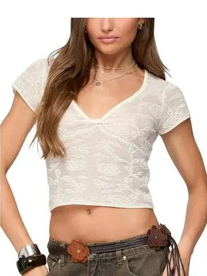 EDIKTED Kristal Twist Front V Neck Top - Cream