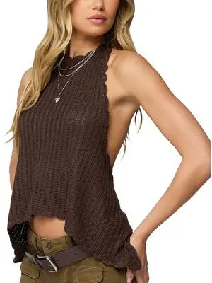 EDIKTED Ivey Backless Crochet Halter Top - Brown