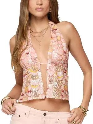 EDIKTED Sequin Backless Split Front Top - Pink