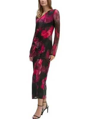 Dkny Floral-print Ruched Midi Dress - Black