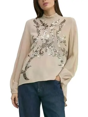 HOSS INTROPIA Sequin-embellished Mock-neck Blouse - Neutrals