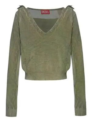 DIESEL® Cotton V-neck Draped Sweater - Green
