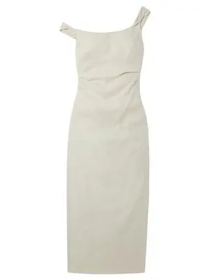 SIR. Twisted Gathered Linen Midi Dress Ecru