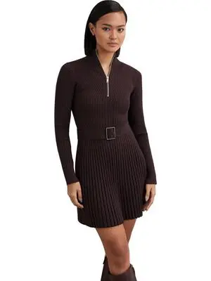 REISS Rib-knit Half-zip Mini Dress - Plum Purple