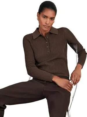 REISS Open-knit Polo Top - Chocolate Brown