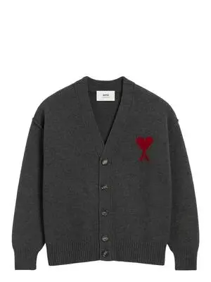AMI Paris Merino Wool De Coeur Cardigan - Grey
