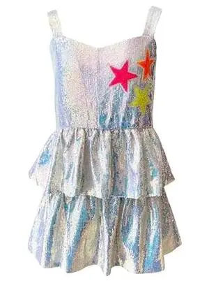 LOLA + THE BOYS Tiered Star Sequin Dress - White
