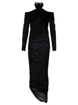 MUGLER Draped Mesh And Velvet Maxi Dress - Black