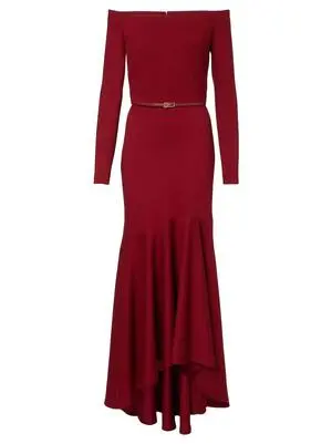 Elie Saab Belted Off-shoulder Jersey Gown - Red