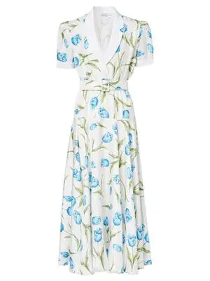 RODARTE Belted Floral Silk Twill Midi Dress - White