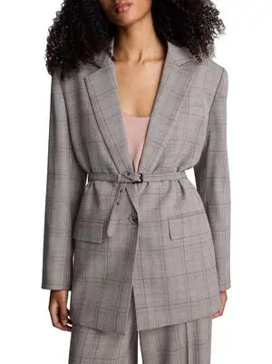 KENNETH COLE Belted Plaid One-button Blazer - Pewter Green Multi