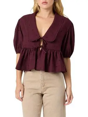 ALL IN FAVOR Oversize Peter Pan Collar Puff Sleeve Top - Burgundy Bow