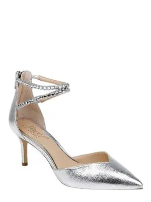 Badgley Mischka Emmi Ankle Strap Pointed Toe Pump - Silver Textile