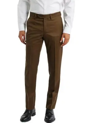 Berle Slim Fit Flat Front Super 100s Wool Dress Pants - Tobacco
