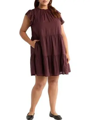 Treasure & Bond Tiered High Neck Mini Dress - Burgundy Fudge