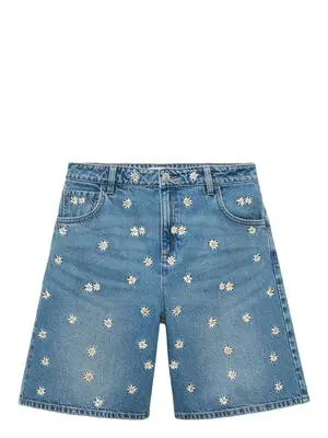 Mango Floral Embroidered Denim Bermuda Shorts - Medium Blue