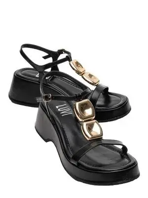 PROLOGUE SHOES Kerry Buckle Platform Sandals Black Faux Leather