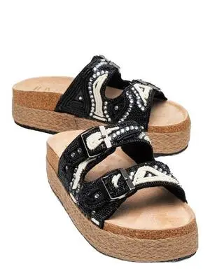 PROLOGUE SHOES Bobby Beaded Platform Slide Sandals - Black Faux Leather
