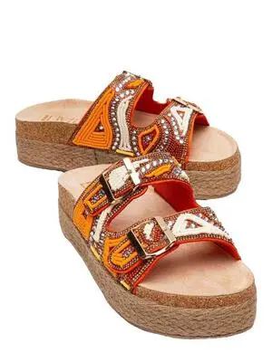 PROLOGUE SHOES Bobby Beaded Platform Slide Sandals Orange Faux Leather