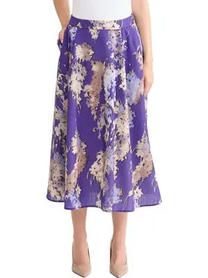Misook Floral Print Crêpe De Chine Midi Skirt - Purple Multi