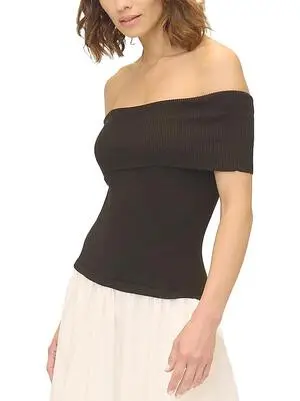 Central Park West Darcy Mixed Media Off Shoulder Dress - Black