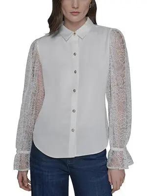 Karl Lagerfeld Paris Lace Sleeve Button-up Blouse - Soft White