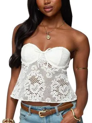 EDIKTED Sheer Crochet Strapless Cupped Top - White