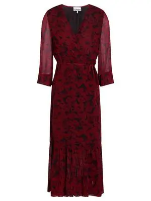 GANNI Printed Georgette Midi Wrap Dress - Claret