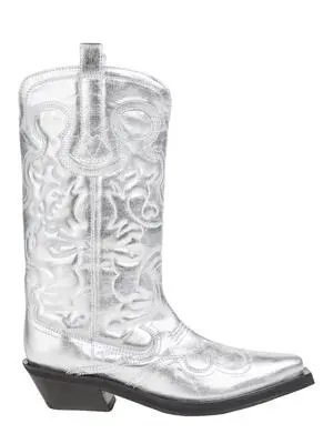 GANNI Embroidered Metallic Cowboy Boots - Silver