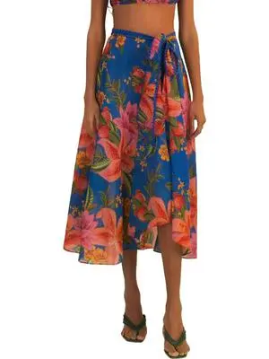 Farm Rio Floral Wrap Midi Skirt - Blue