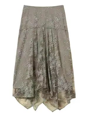 TWINSET Floral Lace Asymmetric Midi Skirt - Grey
