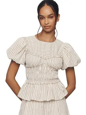 EN SAISON Azra Puff-sleeve Peplum Top - Ivory/navy