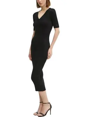 Guess Ribbed V-neck Midi Dress - Black
