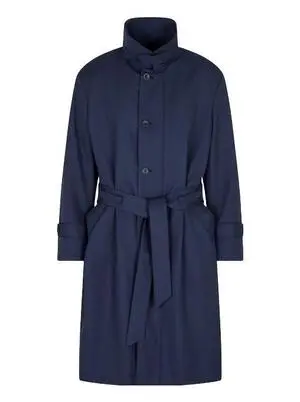 Giorgio Armani Single-breasted Trench Coat In Nylon And Wool - Blue