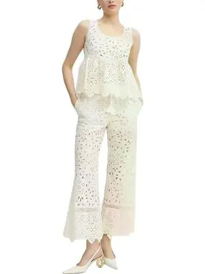 ERMANNO FIRENZE Embroidery-eyelet Lace-trim Top - Neutrals