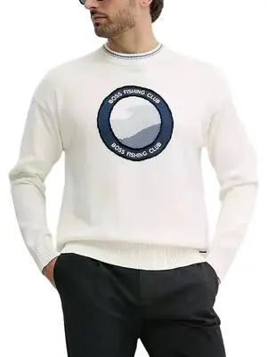 BOSS Crew-neck Sweater With Circular Emblem - White