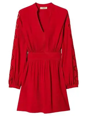 TWINSET Embroidered V-neck Mini Dress - Red