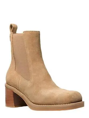 Michael Kors Houston Suede Block Heel Ankle Boots - Natural