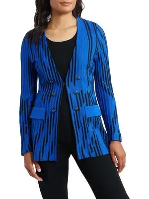 Ming Wang Rib Knit Jacquard Jacket - Sapphire Sea/black